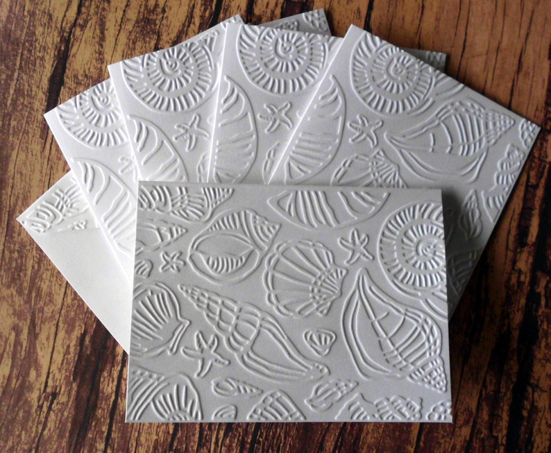 Seashell Cards, Set of 5, Beach Themed Cards, White Embossed Note Card ...