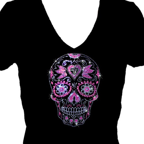 Sugar Skull V Short Sleeve Womens Bling Glitter Tee Shirt Etsy
