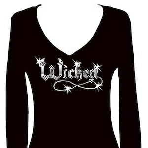 Wicked Halloween Holiday Rhinestone V Neck Long Sleeve Women's Bling ...