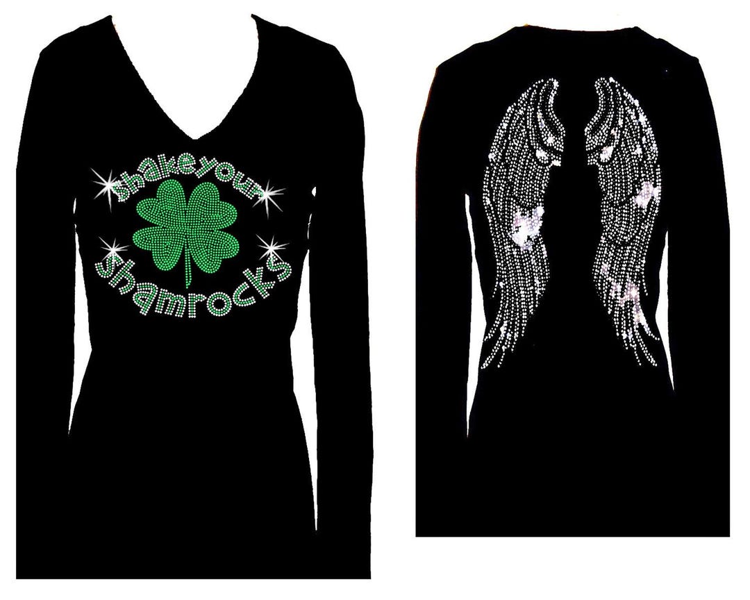 Shamrock Angel Wings V-neck Tee: St. Patrick's Day Bling Glitter Womens ...