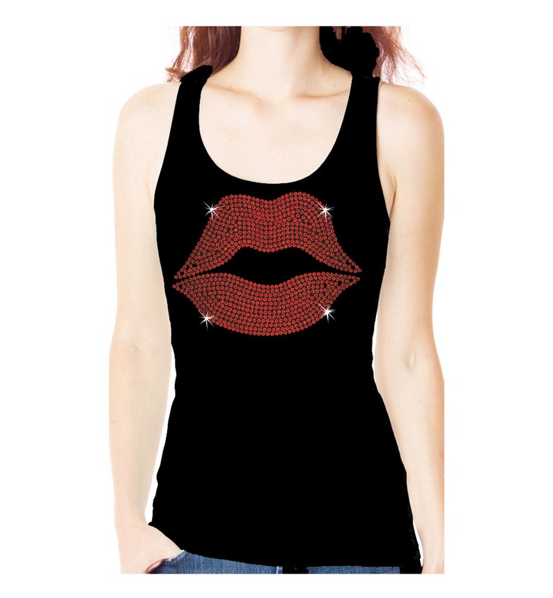 Red Lips Bling Sequin Kiss Love Party Womens Bling Glitter Tank Top Tee ...