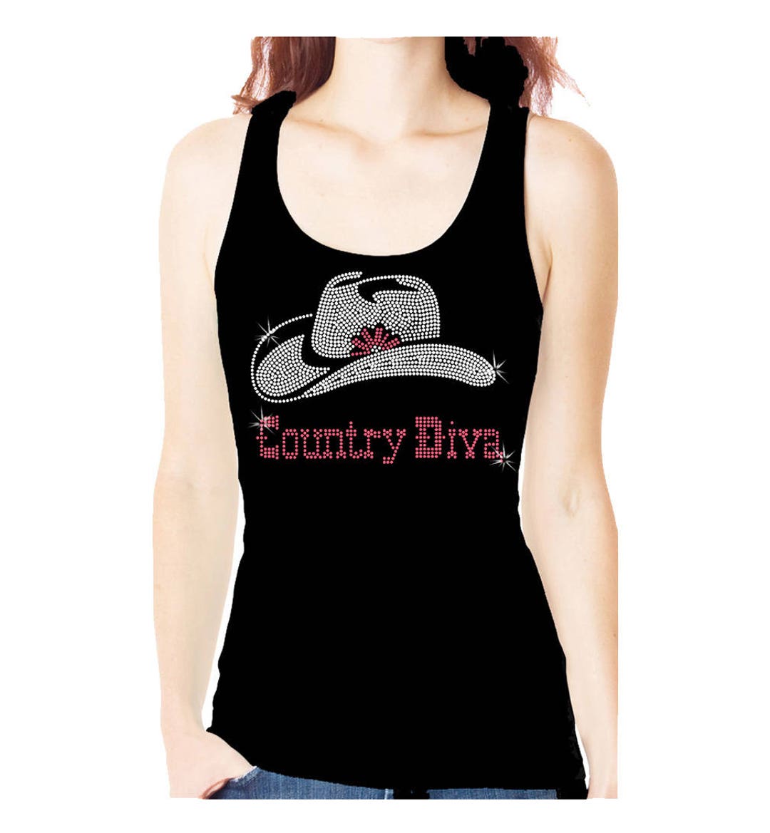 Country Diva Rhinestone Cowboy Hat Western Bling Womens Glitter Tank ...