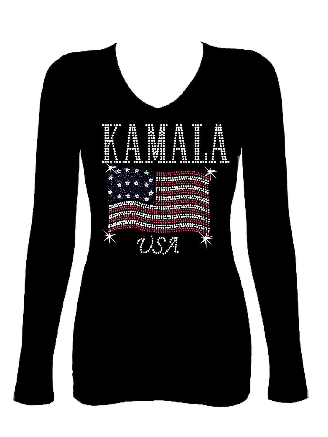 Kamala Harris Rhinestone Election V Neck Long Sleeve Womens Bling ...