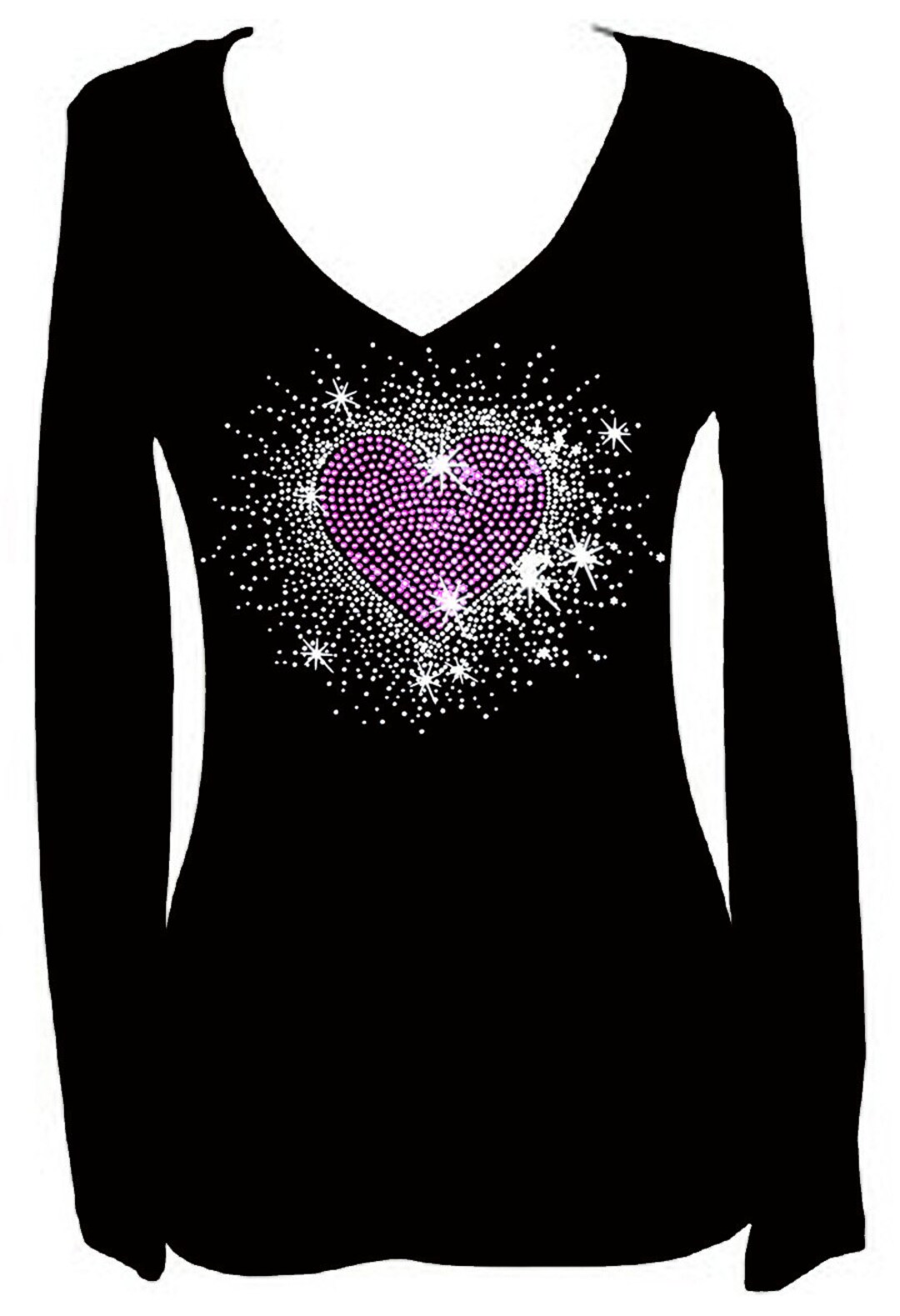 Pink Heart Burst Rhinestone Valentine Love V Neck Long Sleeve Womens ...