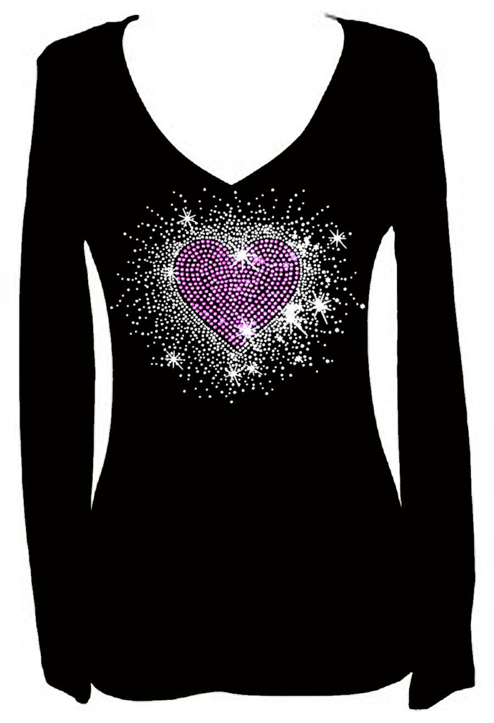 Pink Heart Burst Rhinestone Valentine Love V Neck Long Sleeve - Etsy