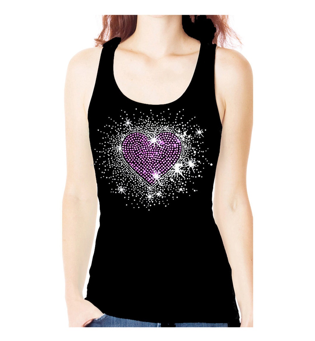 Pink Heart Burst Rhinestone Valentines Love Womens Tank Top Tee Shirt ...