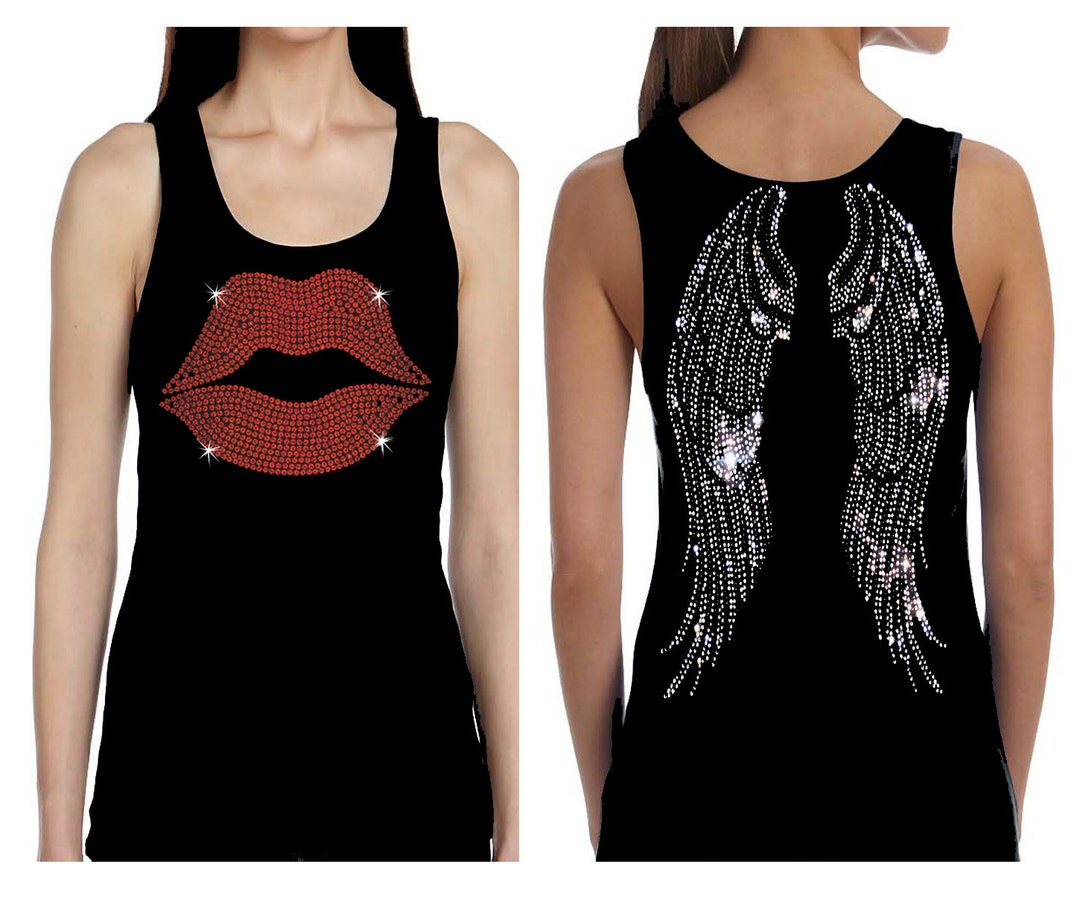 Red Lips Sequin Angel Wings Rhinestone Tank Top: Bling Womens Tee - Etsy