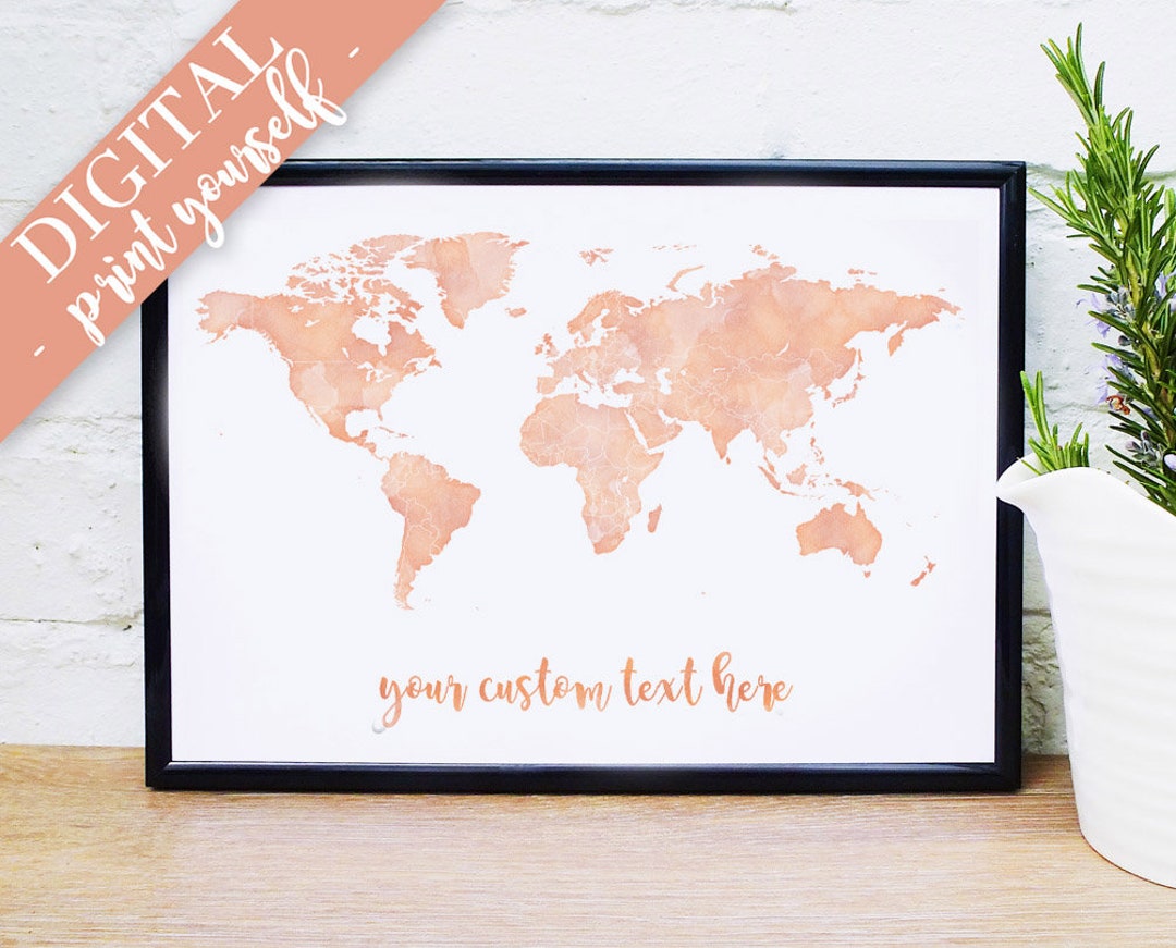 Digital Rose Gold World Map, Personalised World Map, Downloadable Map ...