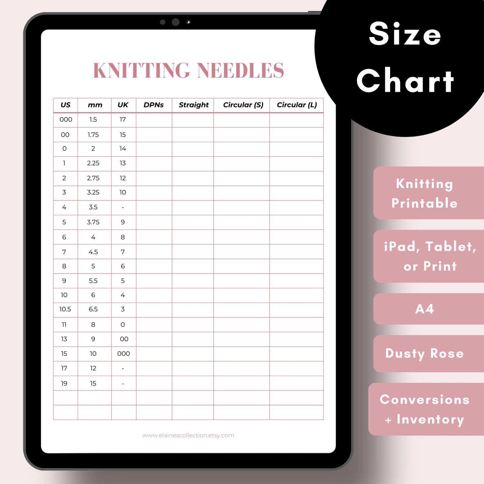 Printable Page for Knitting Needle Conversion Chart + Inventory Tracker ...
