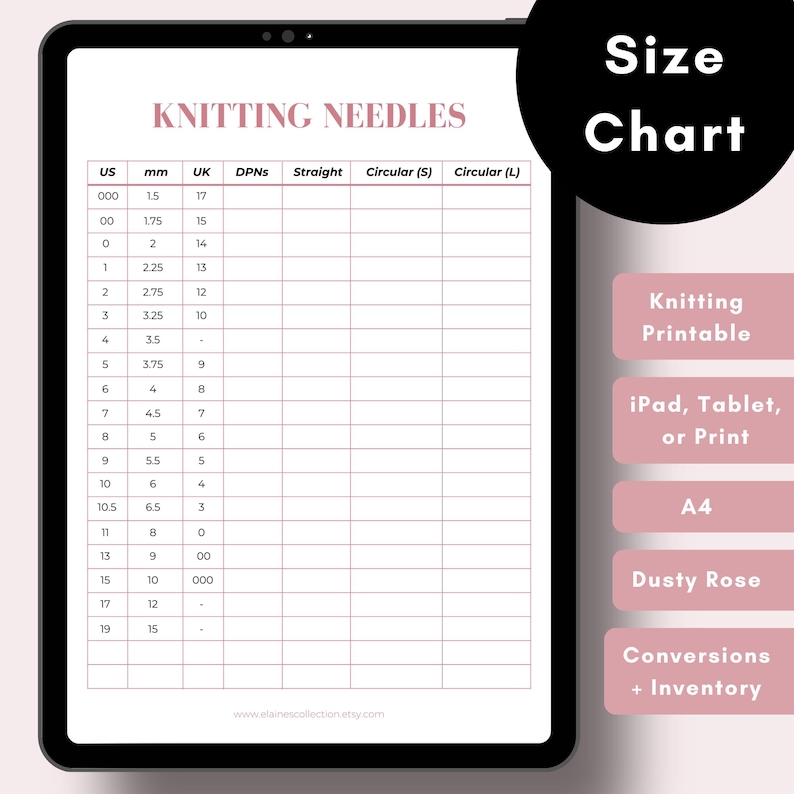 Printable Page for Knitting Needle Conversion Chart + Inventory Tracker ...