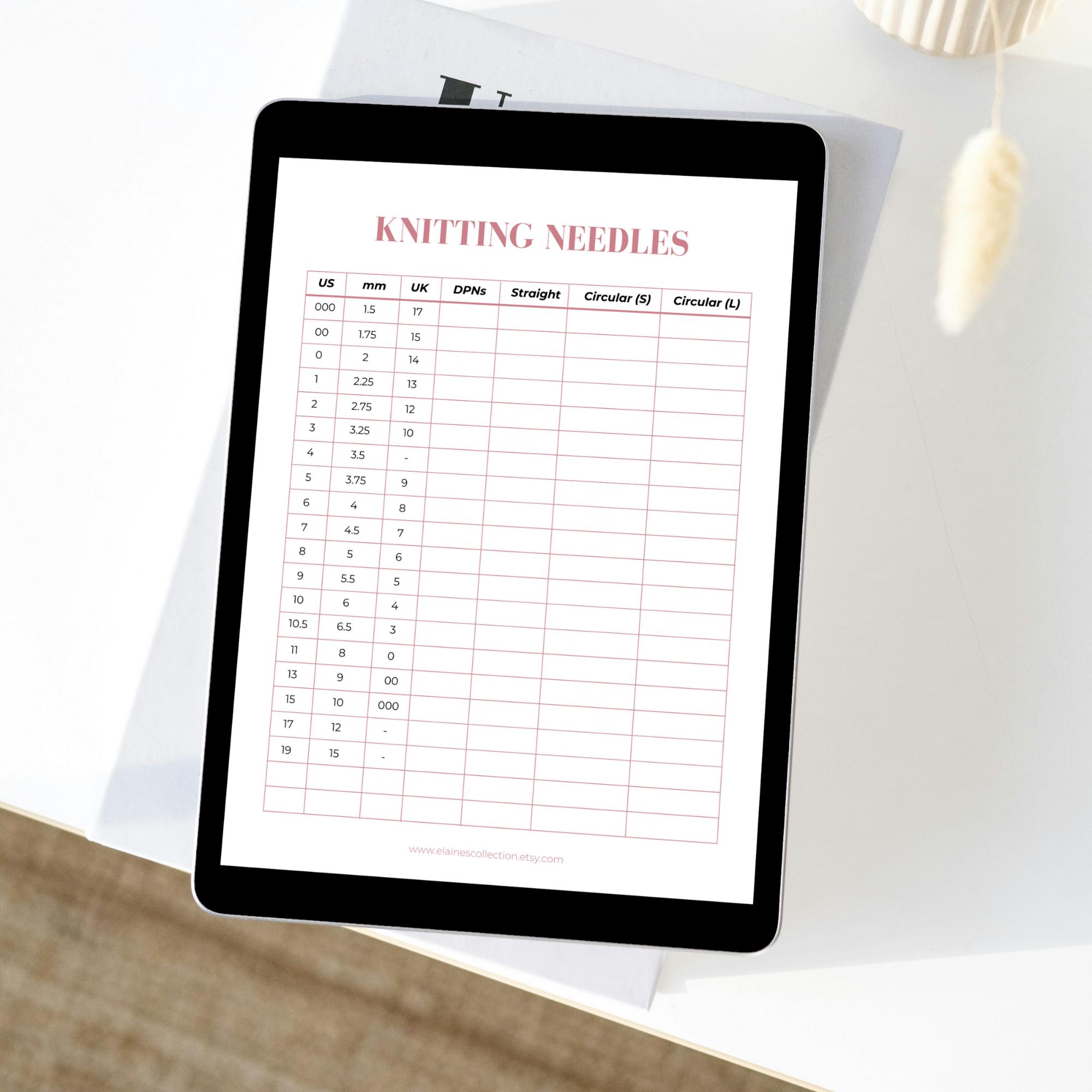 Printable Page for Knitting Needle Conversion Chart + Inventory Tracker ...