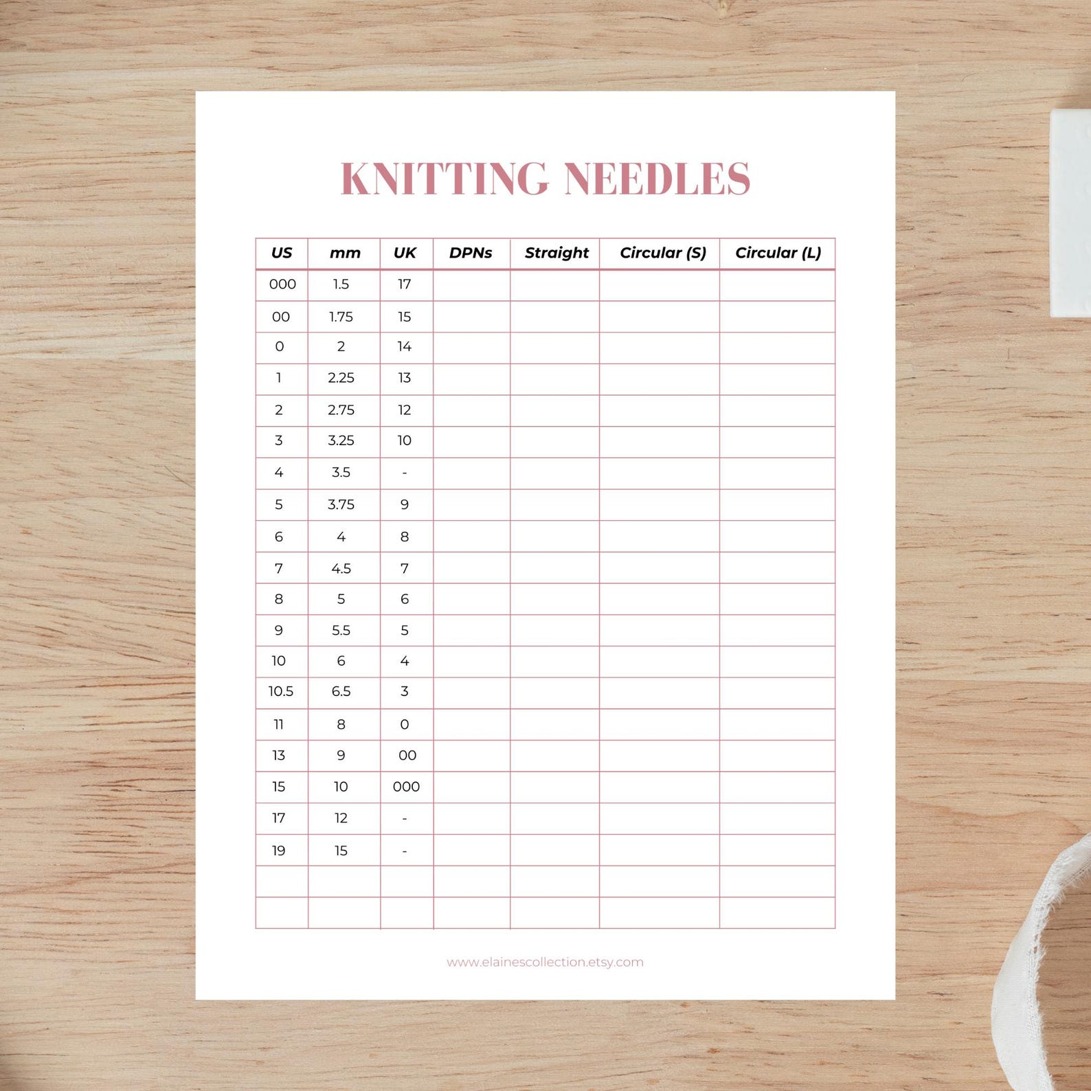 Printable Page for Knitting Needle Conversion Chart + Inventory Tracker ...