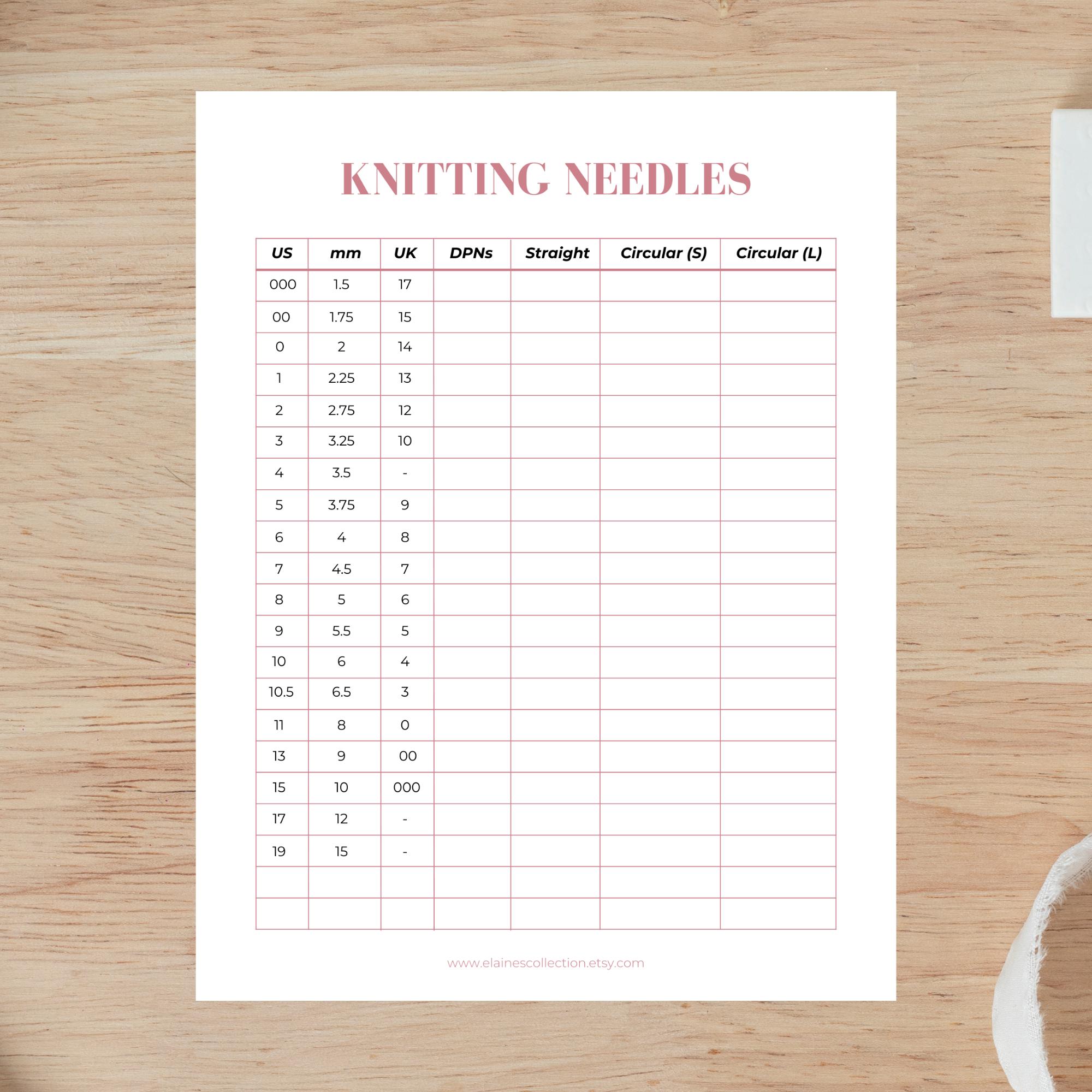 Printable Page for Knitting Needle Conversion Chart + Inventory Tracker ...