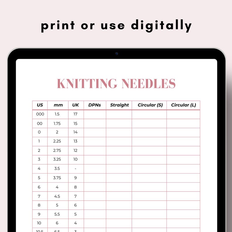 Printable Page for Knitting Needle Conversion Chart + Inventory Tracker ...