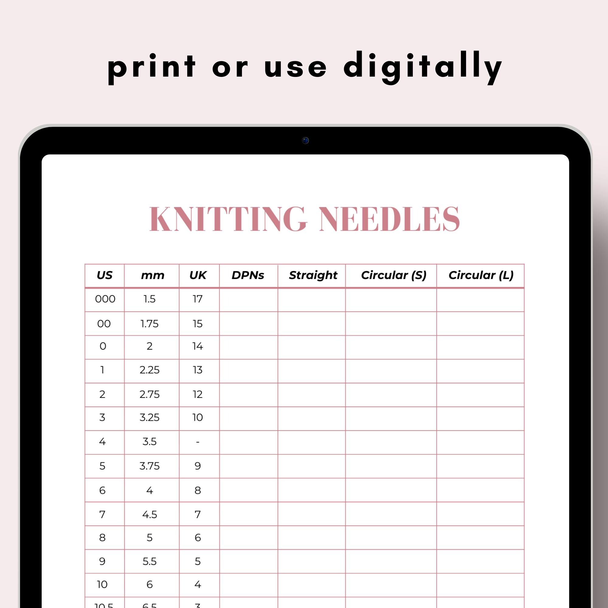 Printable Page for Knitting Needle Conversion Chart + Inventory Tracker ...