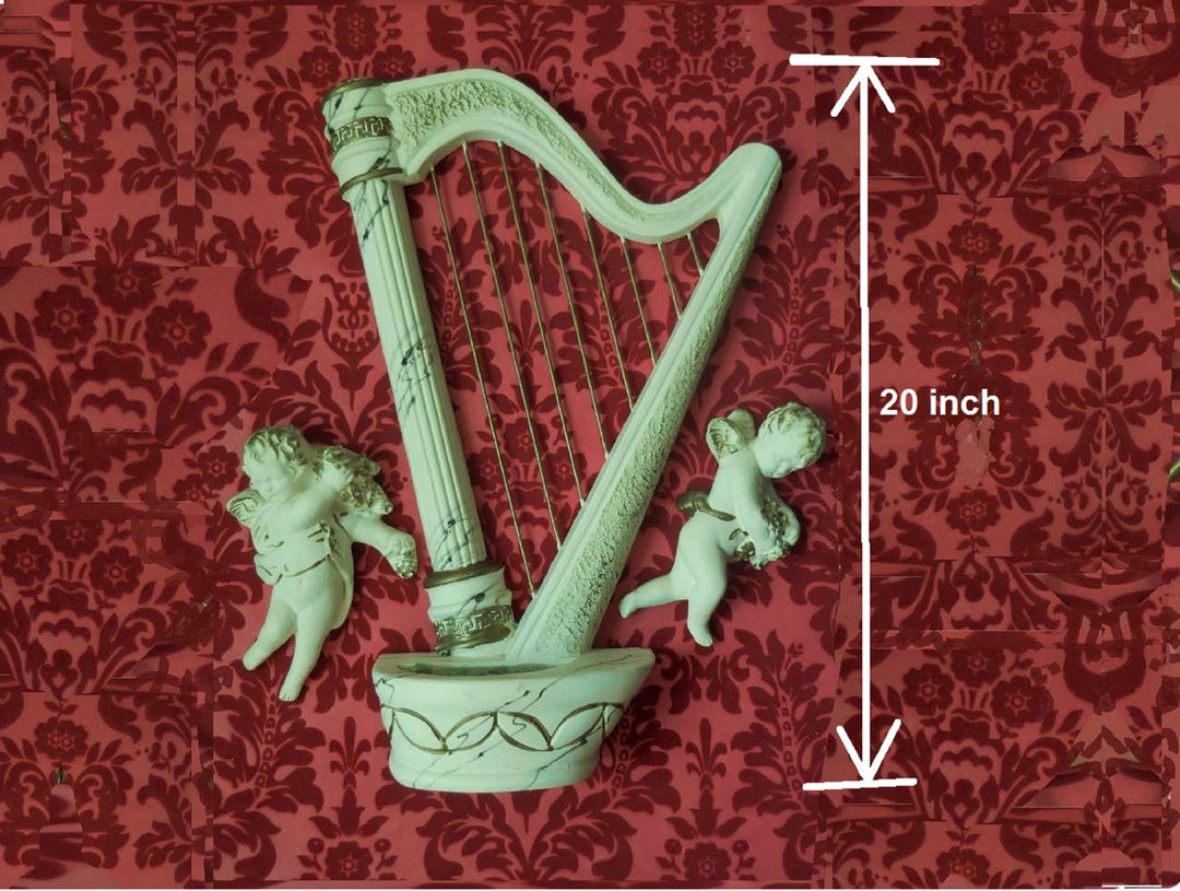 Vintage Italian 3D Wall Art, Wall Hanging Angels Harp, Plaster Harp ...