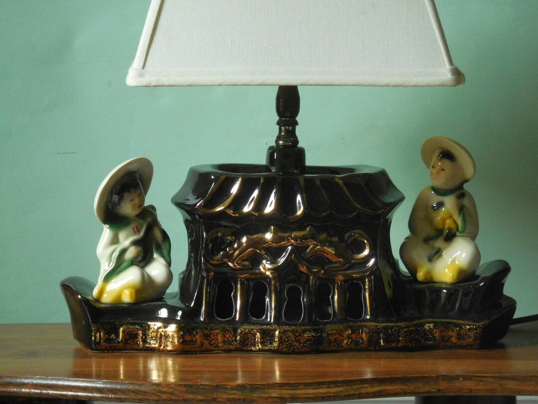 Vintage Ceramic Boat Lamp, Oriental Boat TV Table Lamp, 1950 Ceramic TV ...