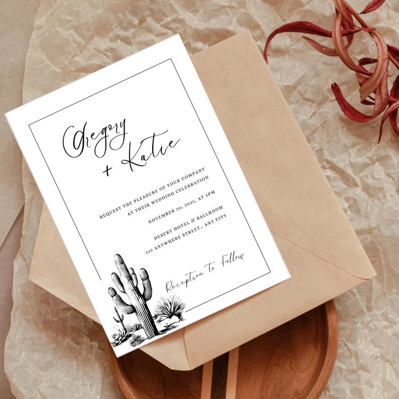 Desert Cactus Wedding Invitation Template - Editable Invitation Canva ...