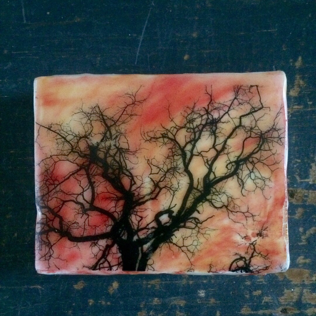 Small Encaustic Painting - Tree - Red Background - Image Transfer ...