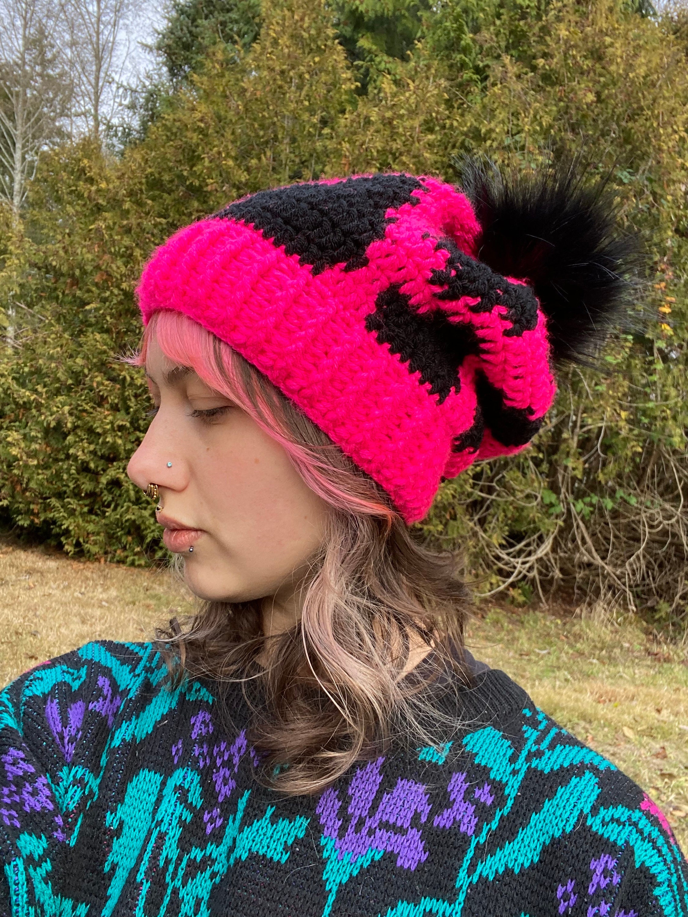 Hot Pink Cow Print Crochet Beanie With Black Pom Pom - Etsy