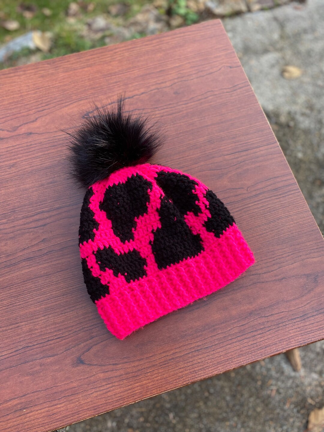 Hot Pink Cow Print Crochet Beanie With Black Pom Pom - Etsy