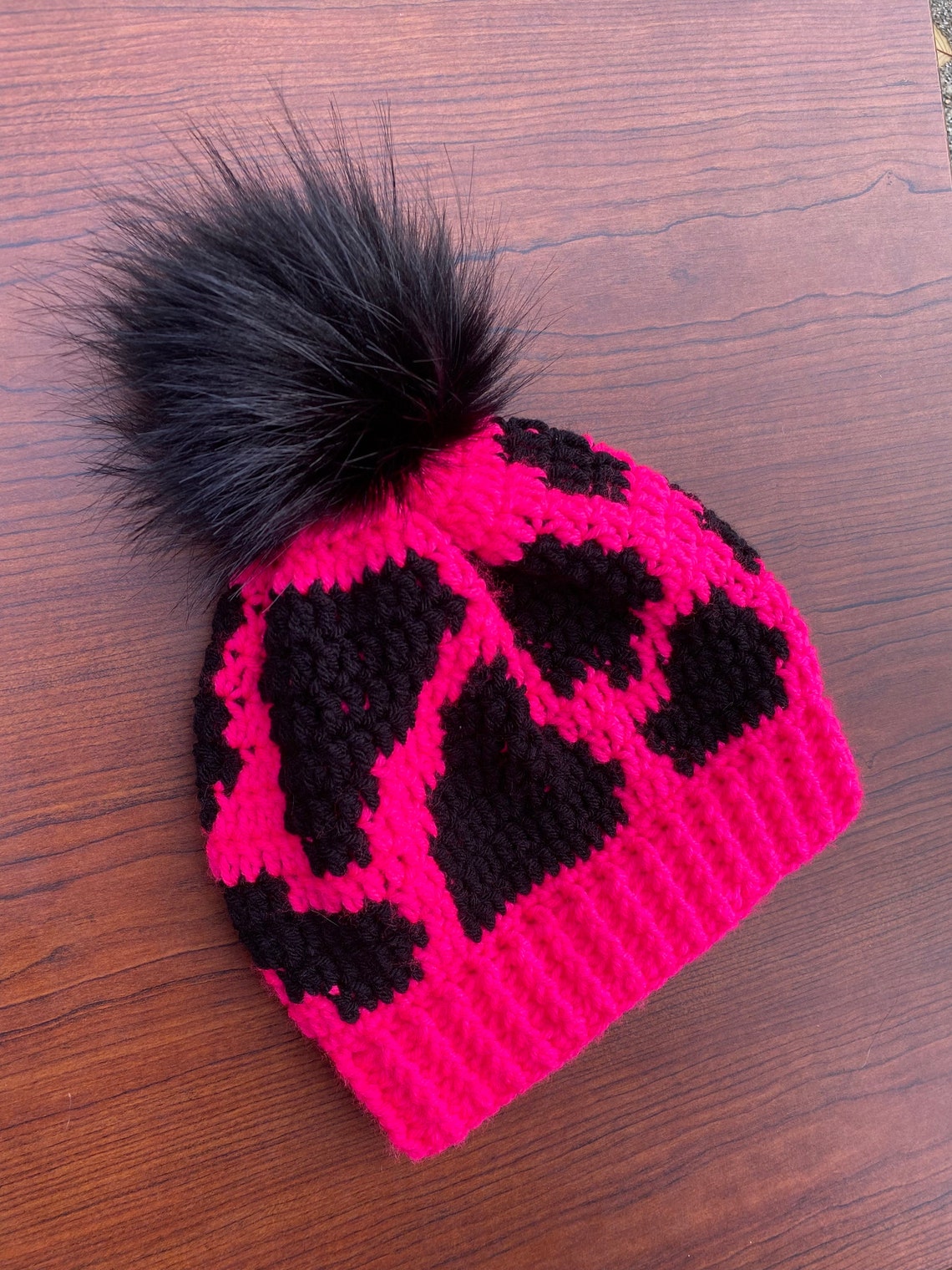 Hot Pink Cow Print Crochet Beanie With Black Pom Pom - Etsy