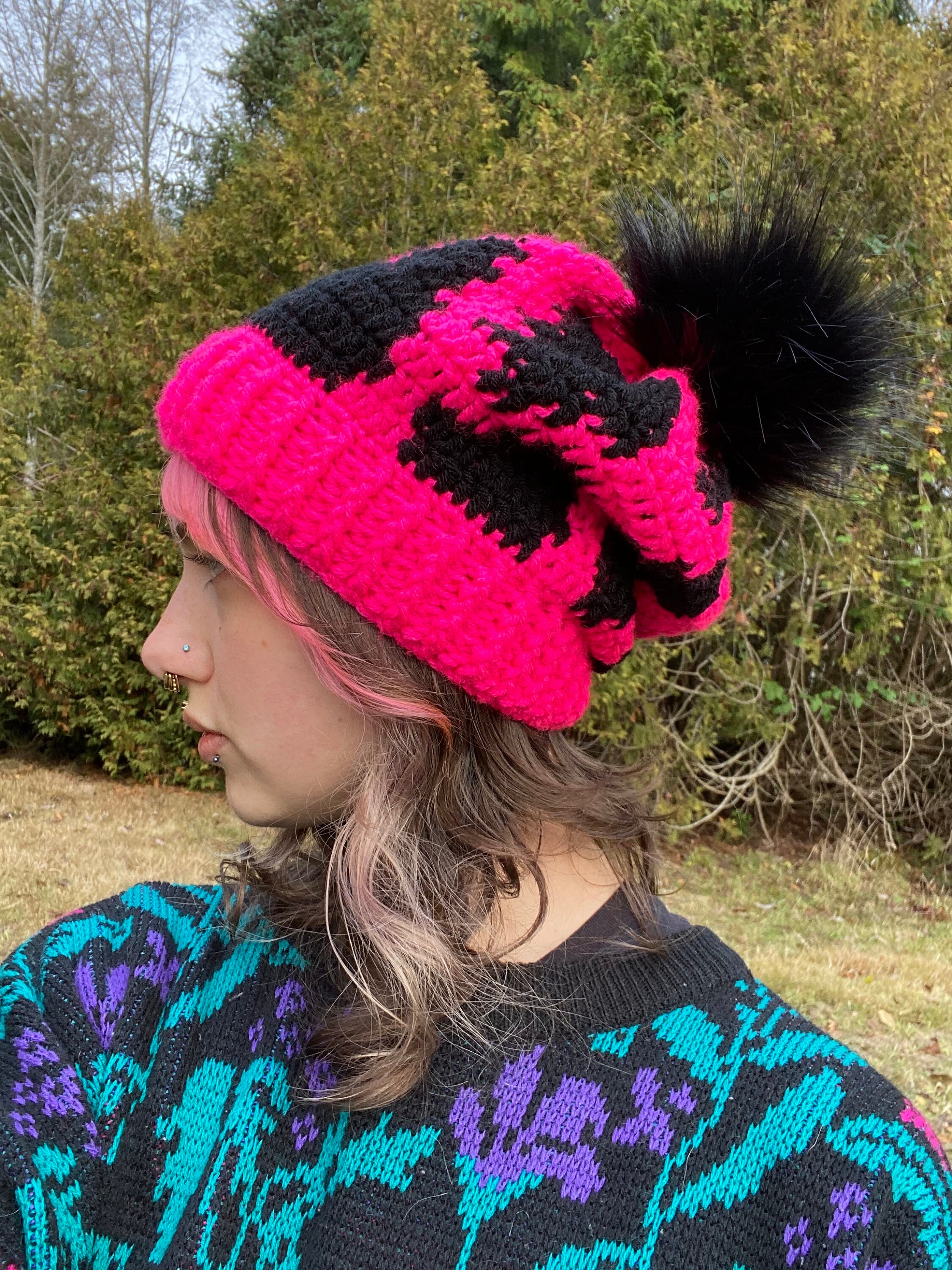Hot Pink Cow Print Crochet Beanie With Black Pom Pom - Etsy
