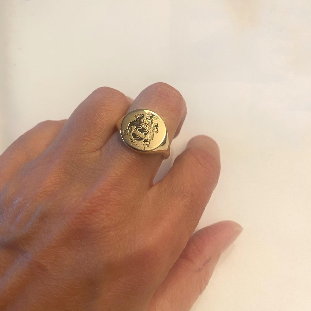 Engraved Family Crest Signet Ring, 18k Gold Plate, Personalized Initial ...