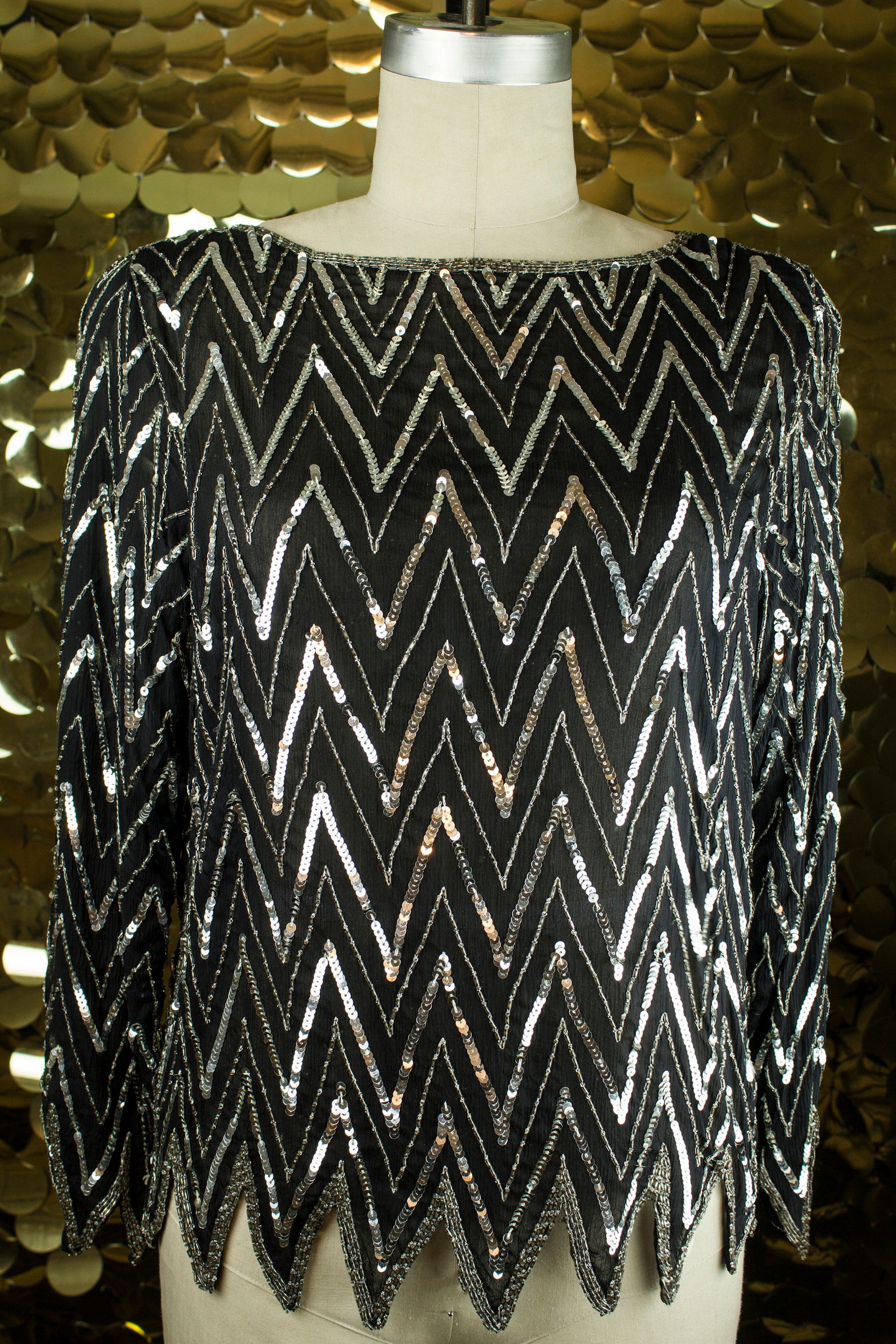 DAZZLING 80s Vintage Black + Silver Top/ Long Sleeve Sequin Shirt ...