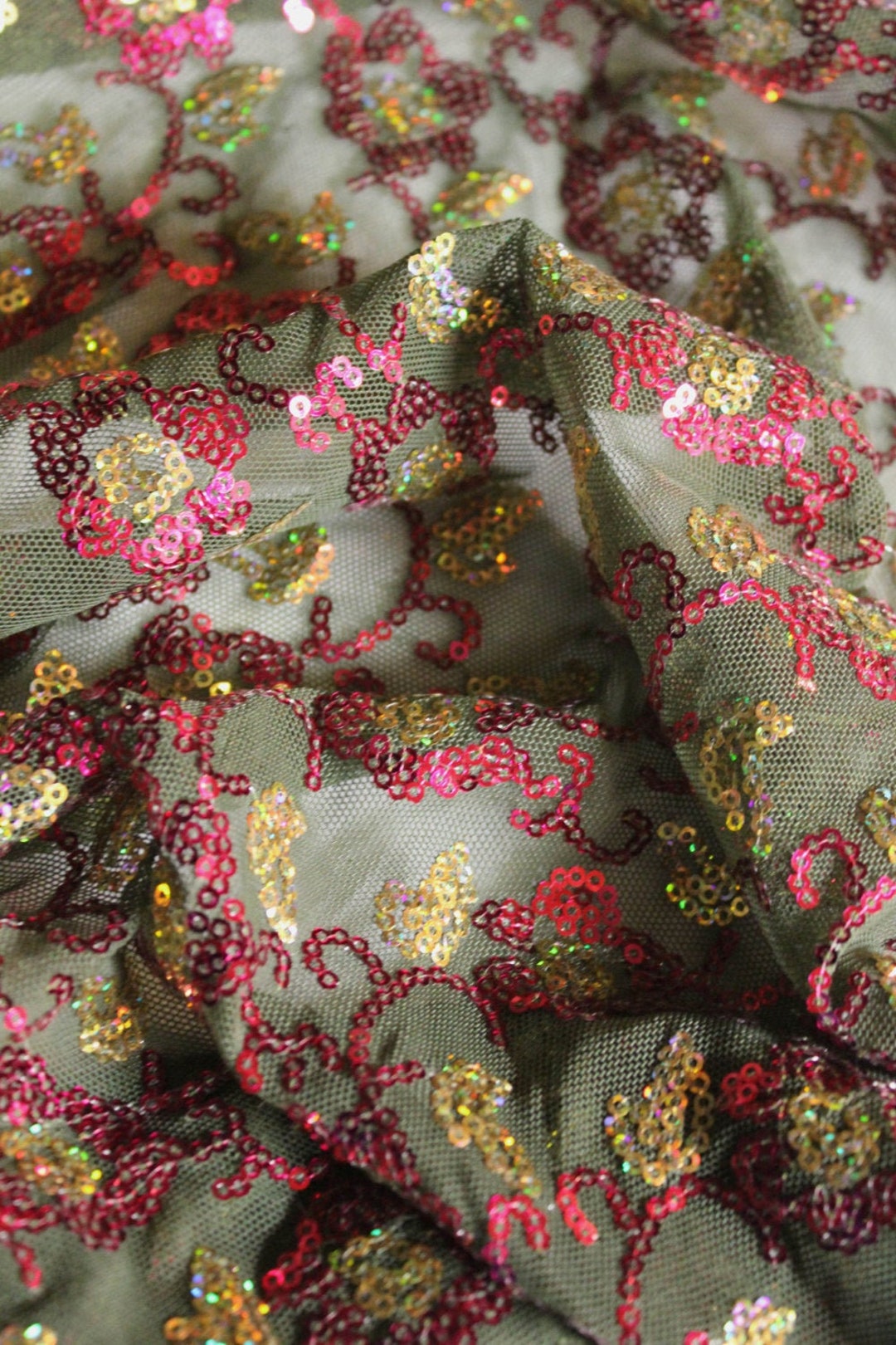 Hot Pink & Gold Floral Sequin Pattern on Olive Green Mesh Fabric/ 48 49 ...