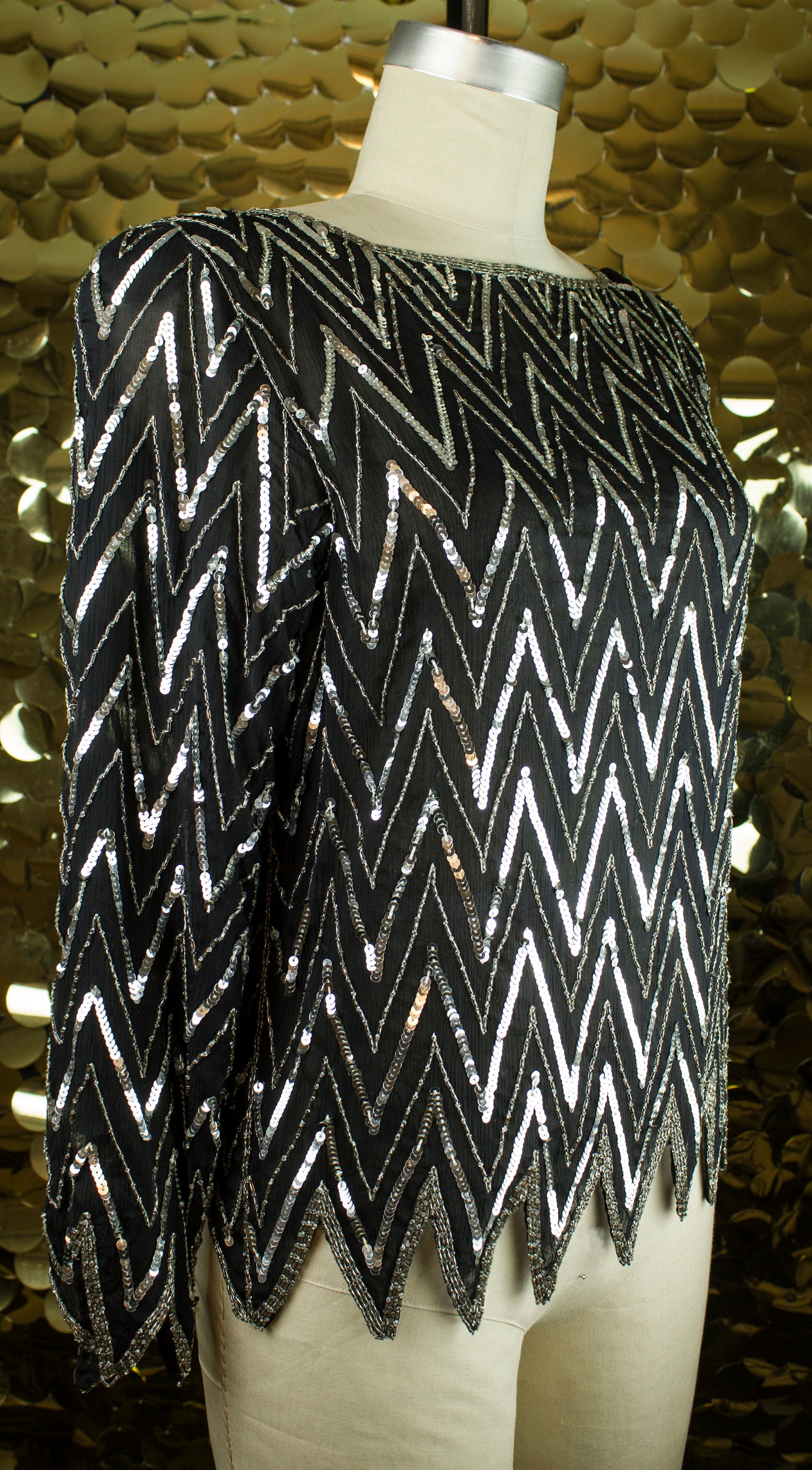 DAZZLING 80s Vintage Black + Silver Top/ Long Sleeve Sequin Shirt ...