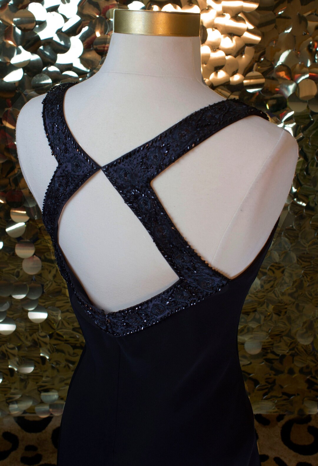 RACY 90s 00s Vintage Jones New York Black Beaded Below the Knee Dress ...