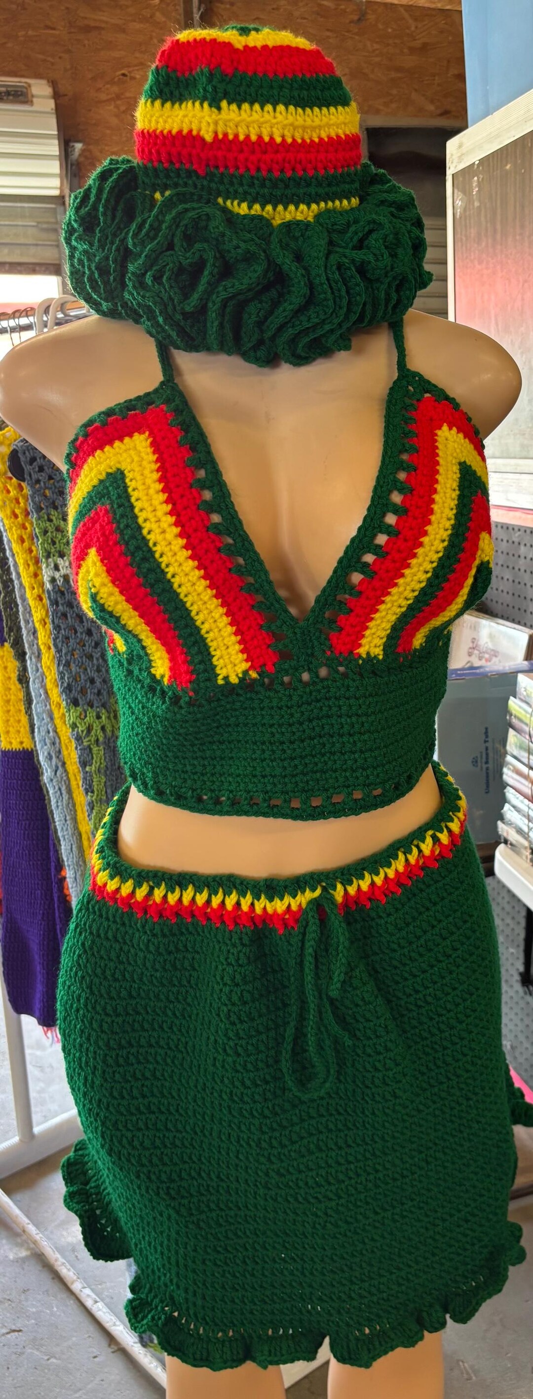 Crochet Jamaican Color Ruffle Hat, Ruffle Skirt, and Bra Top - Etsy