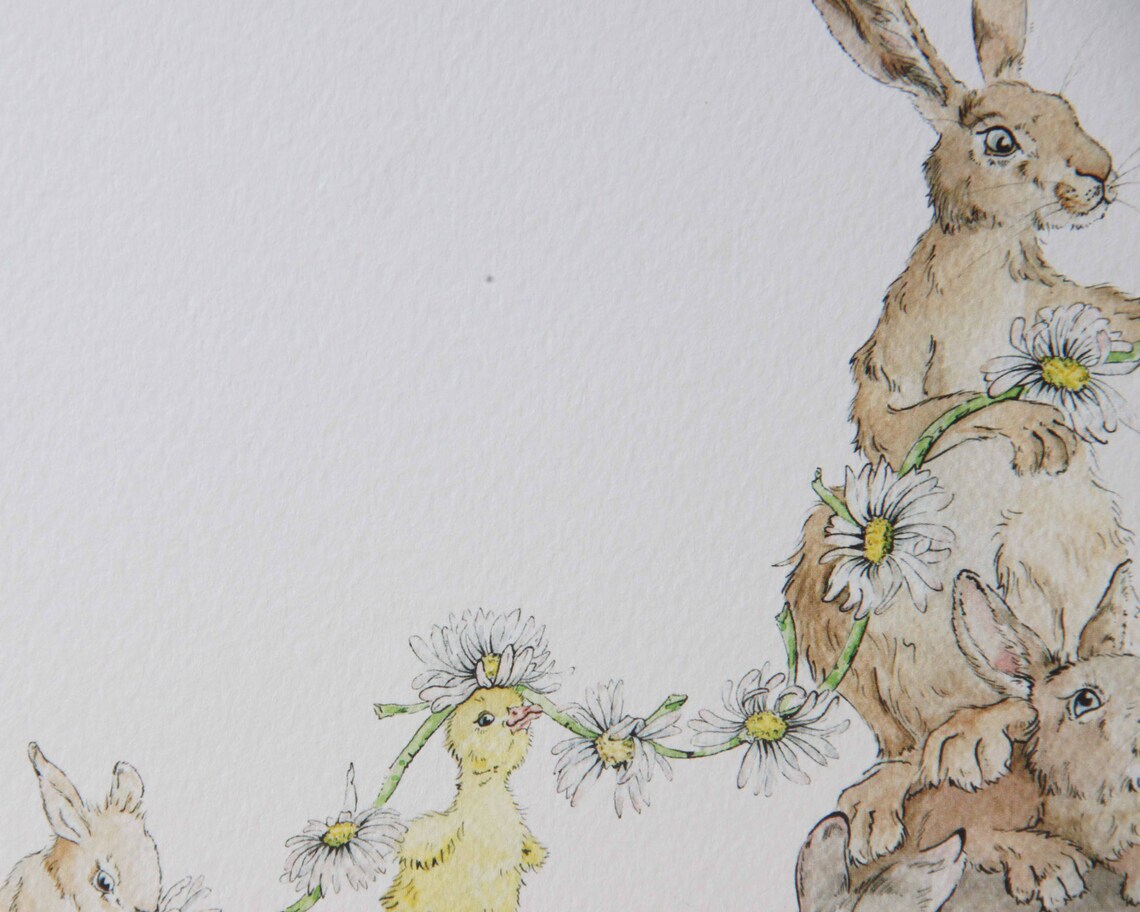 Hand Illustrated Easter Card: Spring Bunnies & Duckling Daisy Chain ...