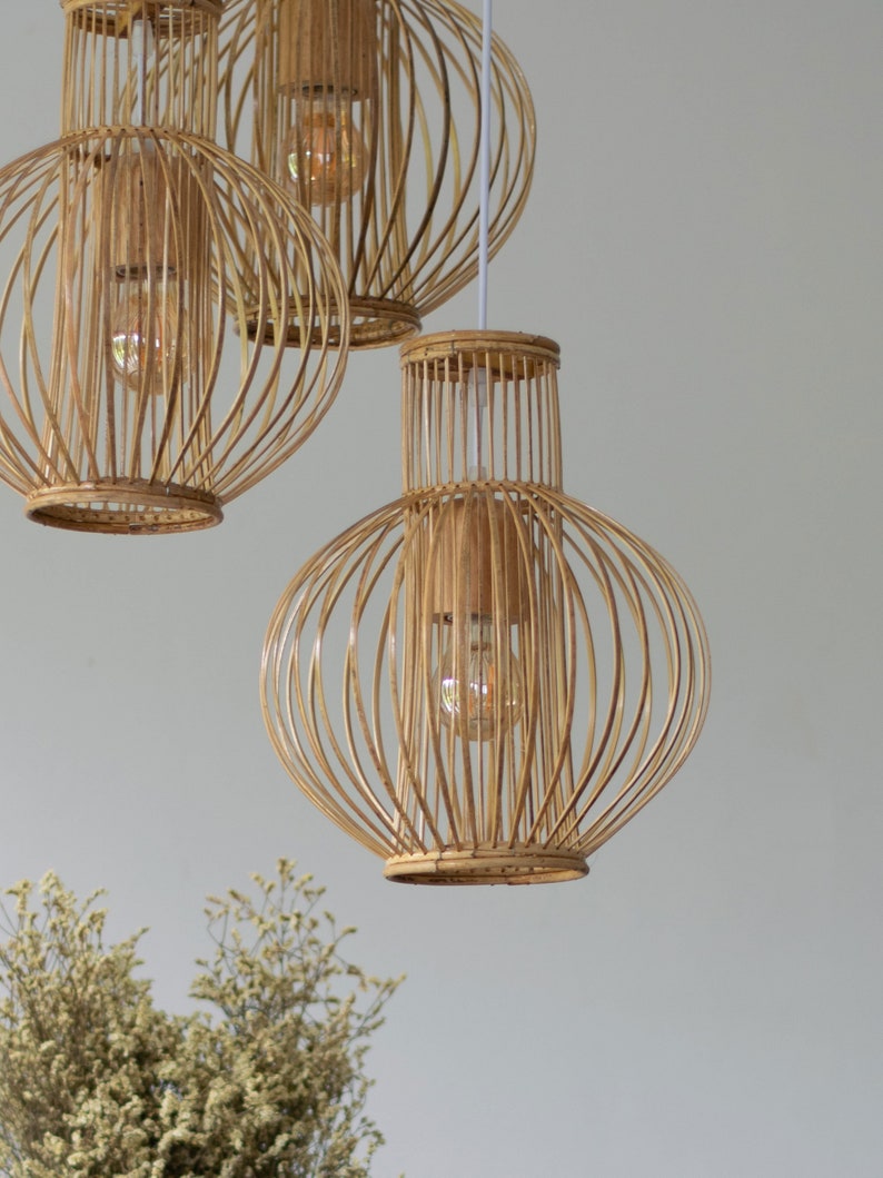 Set of 3 Triple Drop Canopy Bamboo Rattan Pendant Light - Etsy