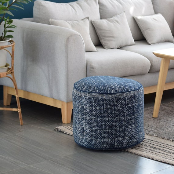 Hill Tribe Indigo Batik Fabric Ottoman Pouf Hmong Pouffe 18x14 White Blue Navy Dark Ethnic Tribal Textile Pillow Round Textile Kapok Insert Etsy
