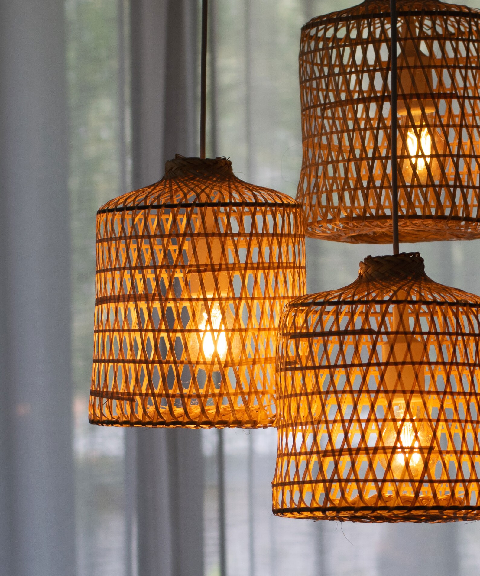 Handwoven Bamboo Pendant Light Set – Triple Drop Cluster, Thai Fishing ...