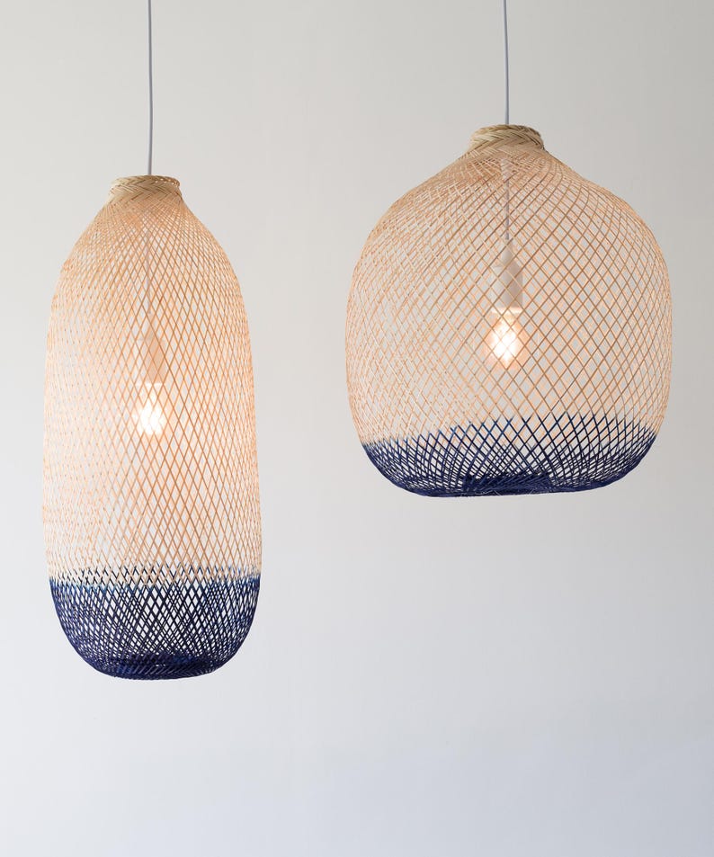 Bamboo Rattan Pendant Light: Navy Blue Flexible Artisan Fish Trap Lamp ...