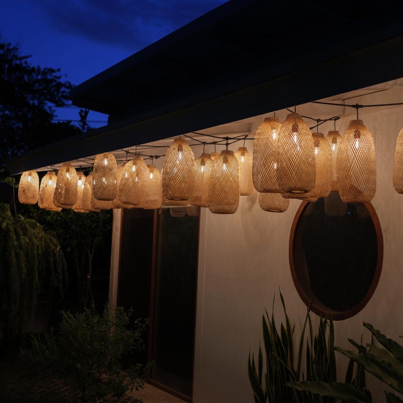 Outdoor Lighting Set - Bamboo Pendant String Lights Weatherproof ...