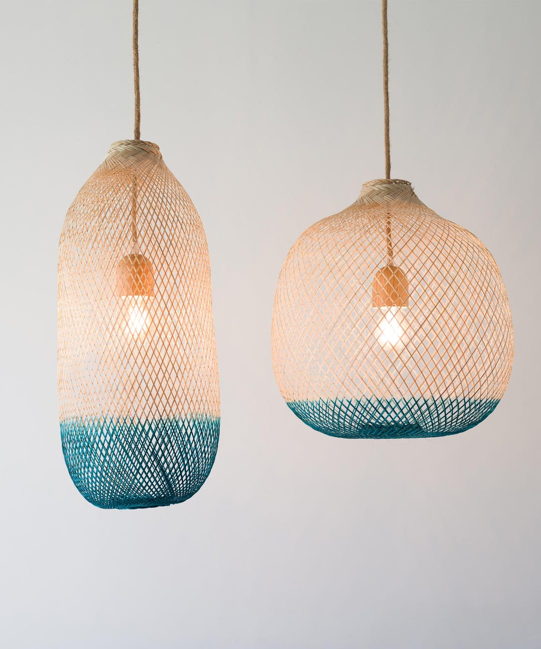 Hand-dyed Bamboo Pendant Light - Teal Turquoise Artisan Fish Trap Lamp ...