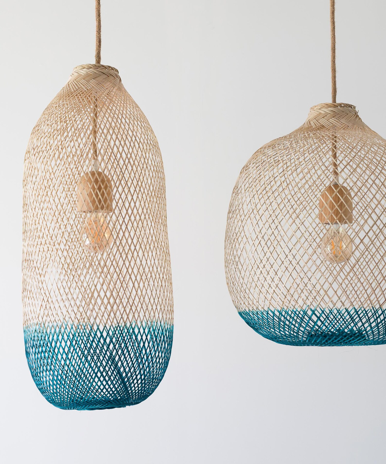 Hand-dyed Bamboo Pendant Light - Teal Turquoise Artisan Fish Trap Lamp ...