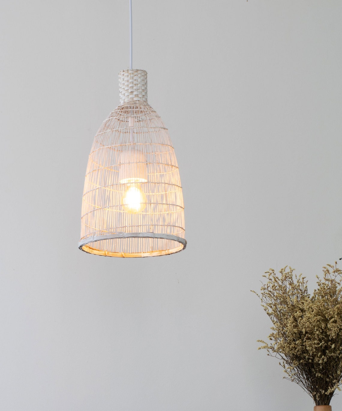 Whitewashed Bamboo Pendant Lamp, Small Rustic Woven Light - Etsy
