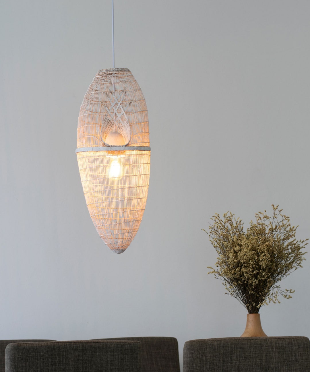 Whitewashed Bamboo Pendant Light – Woven Basket Lamp, Boho Rustic Decor ...