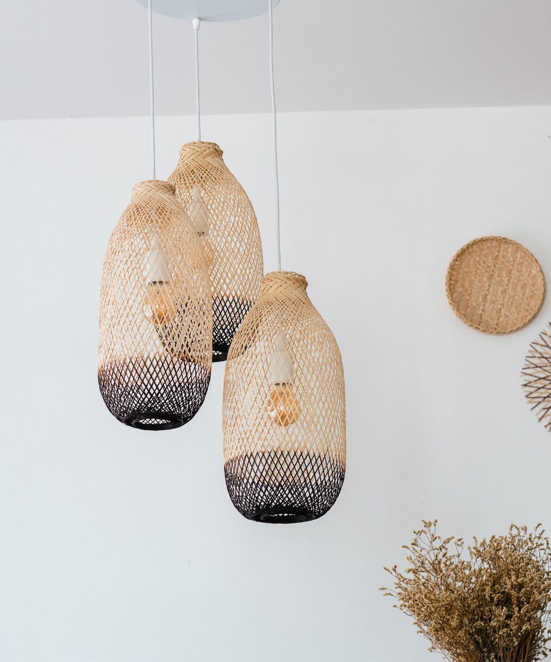 3 Cluster Bamboo Pendant Set - Two Tone Baskets Triple Hang White Black ...