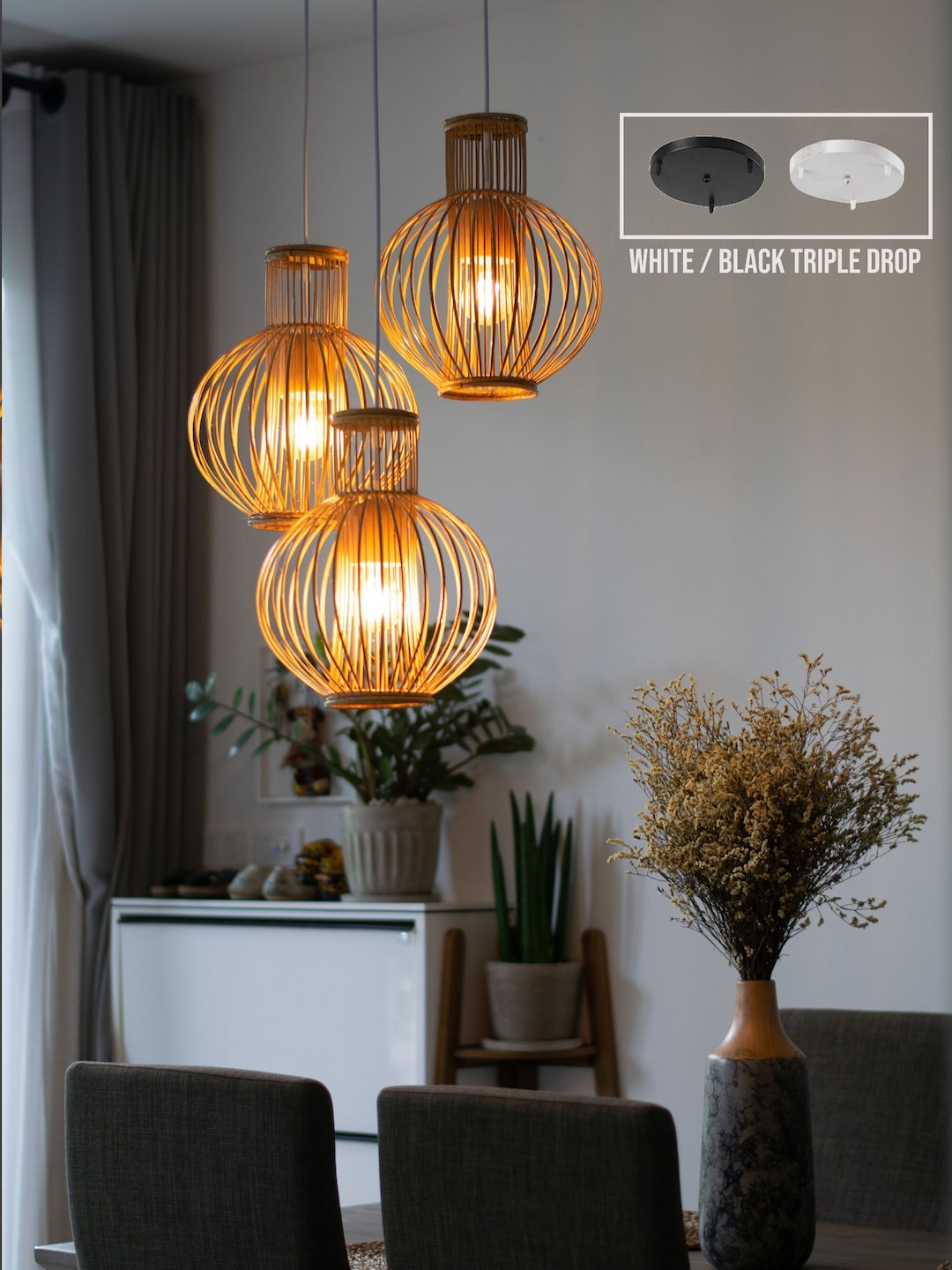 Set of 3 - Triple Drop Canopy Bamboo Rattan Pendant Light Handmade Wood ...