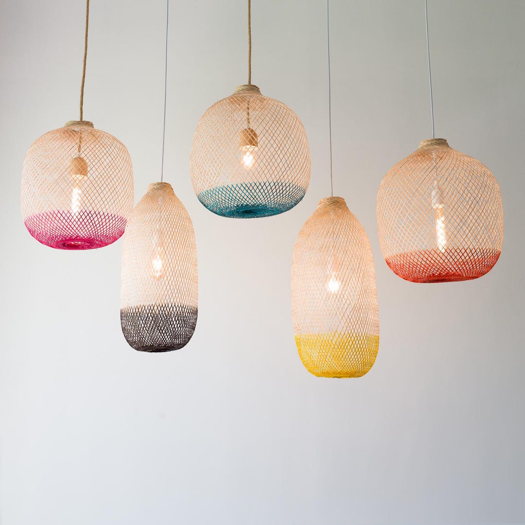 Colorful Bamboo Pendant Light, Eco-friendly Dyed Artisan Fish Trap Lamp ...