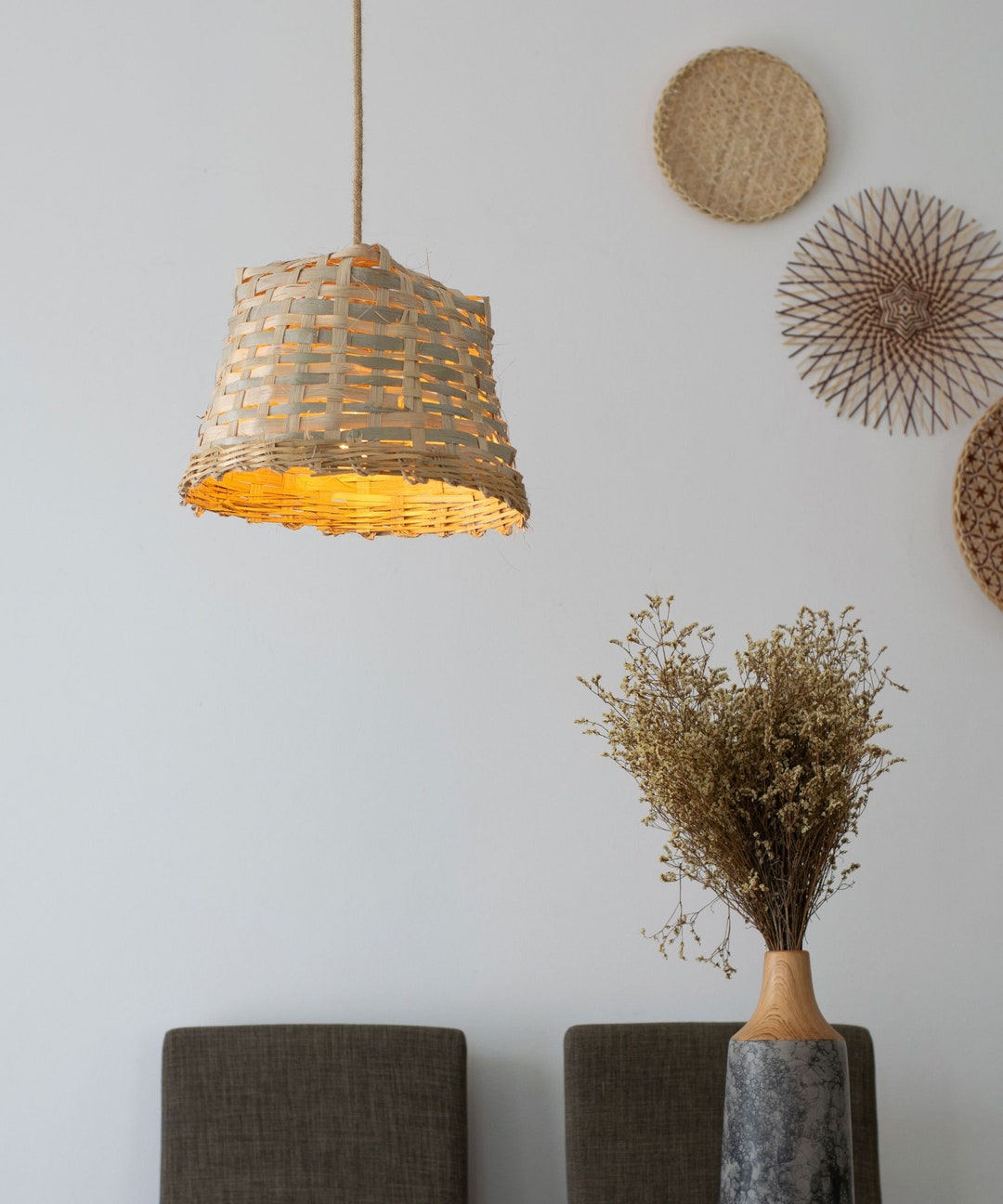 Rustic Bamboo Pendant Light Basket Lamp Shade Repurposed Hill Tribe ...