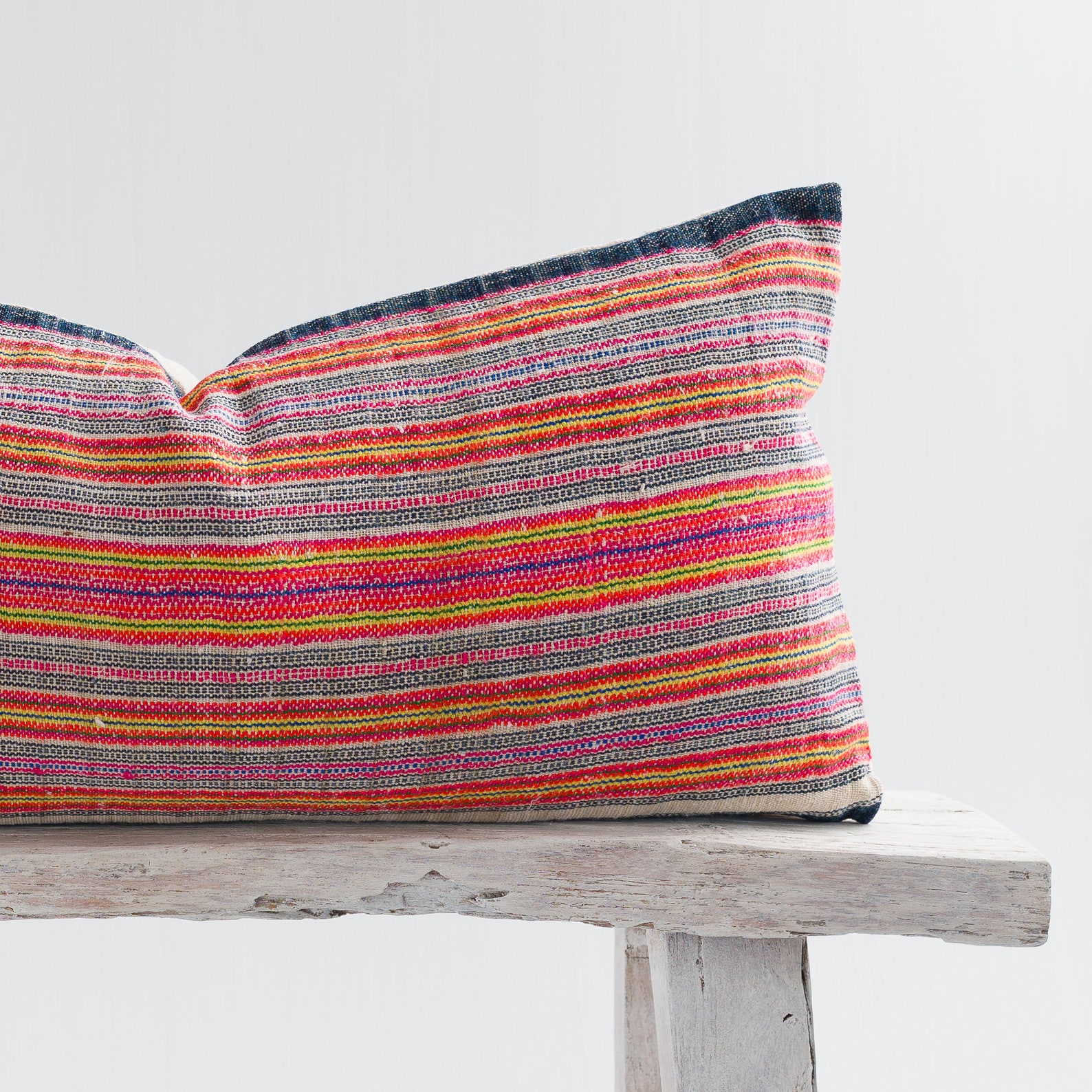 Handwoven Hmong Lumbar Pillow Cover: Vintage Hill Tribe Fabric, Striped ...