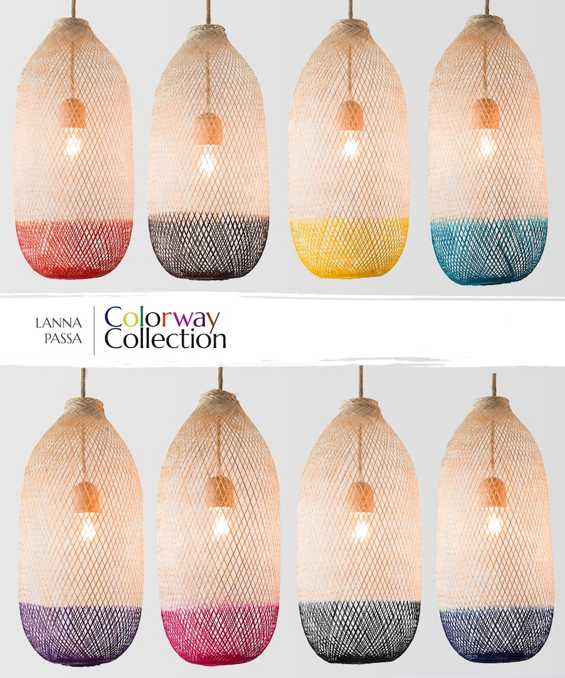 Bamboo Rattan Pendant Light: Navy Blue Flexible Artisan Fish Trap Lamp ...