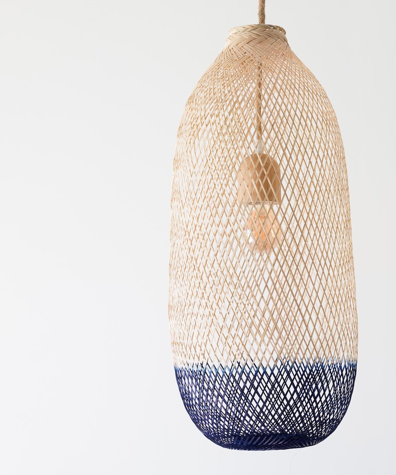 Bamboo Rattan Pendant Light: Navy Blue Flexible Artisan Fish Trap Lamp ...